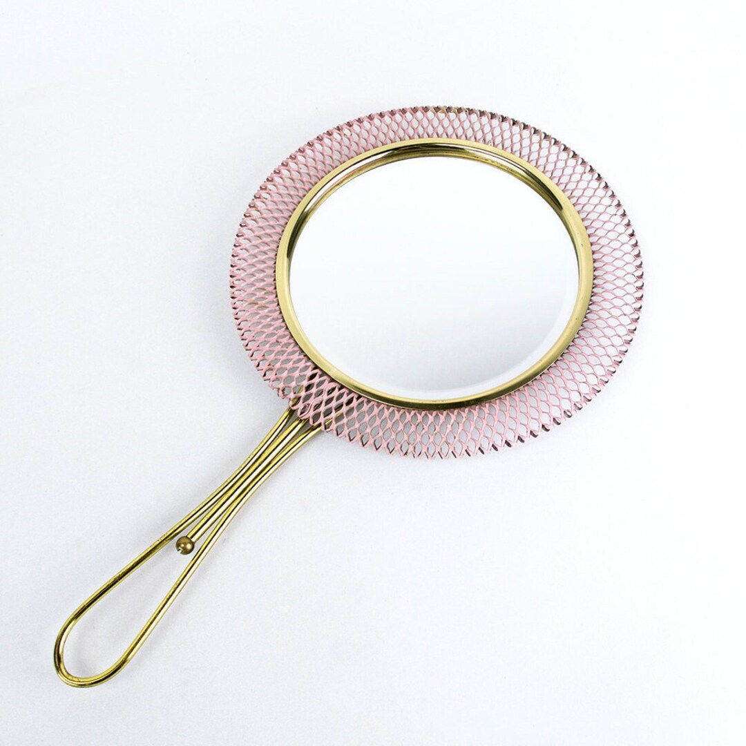 Pretty Mid Century Modern Mirror | Hand Mirror With Pink Metal Frame ...