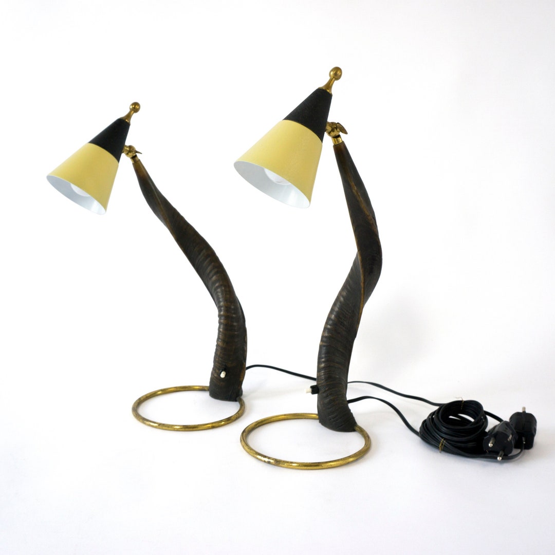 Lovely Mid Century Pair of Horn Table Lamps With Brass Details - Etsy