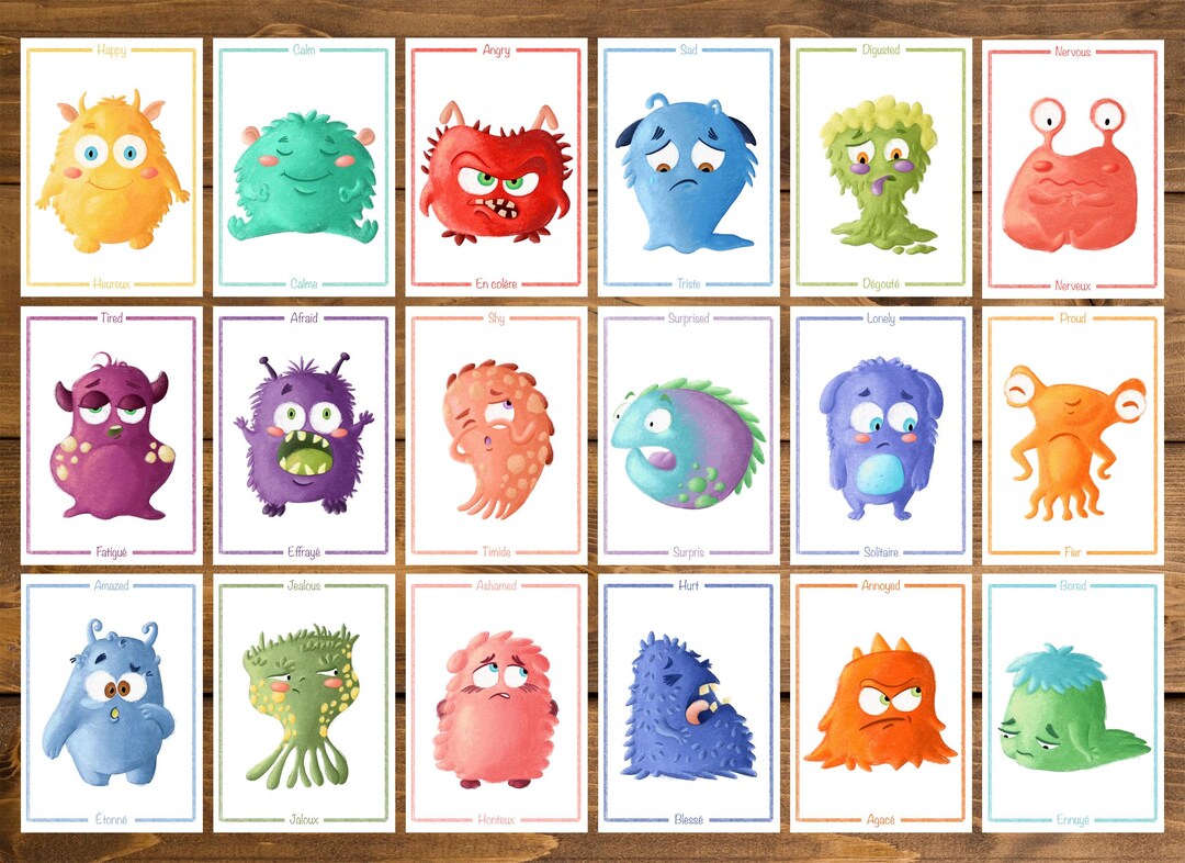 Emotions Flash Cards in French and English, 18 Feelings Flash Cards ...