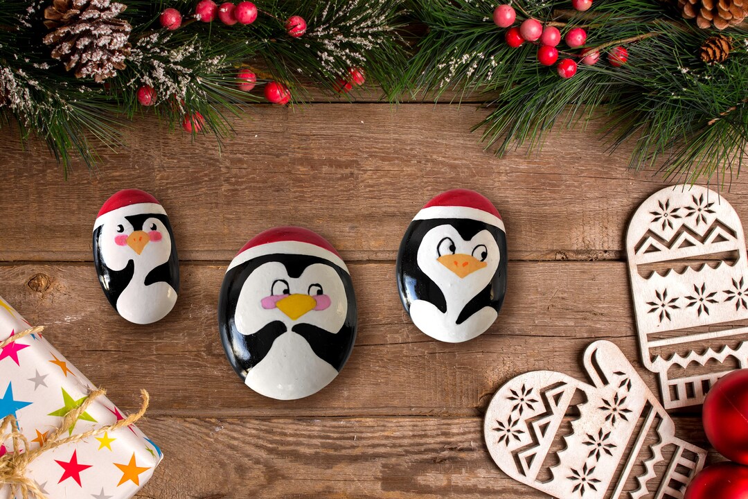 Painted Pebbles Christmas Decoration Penguin Pebbles Handmade Pebble ...