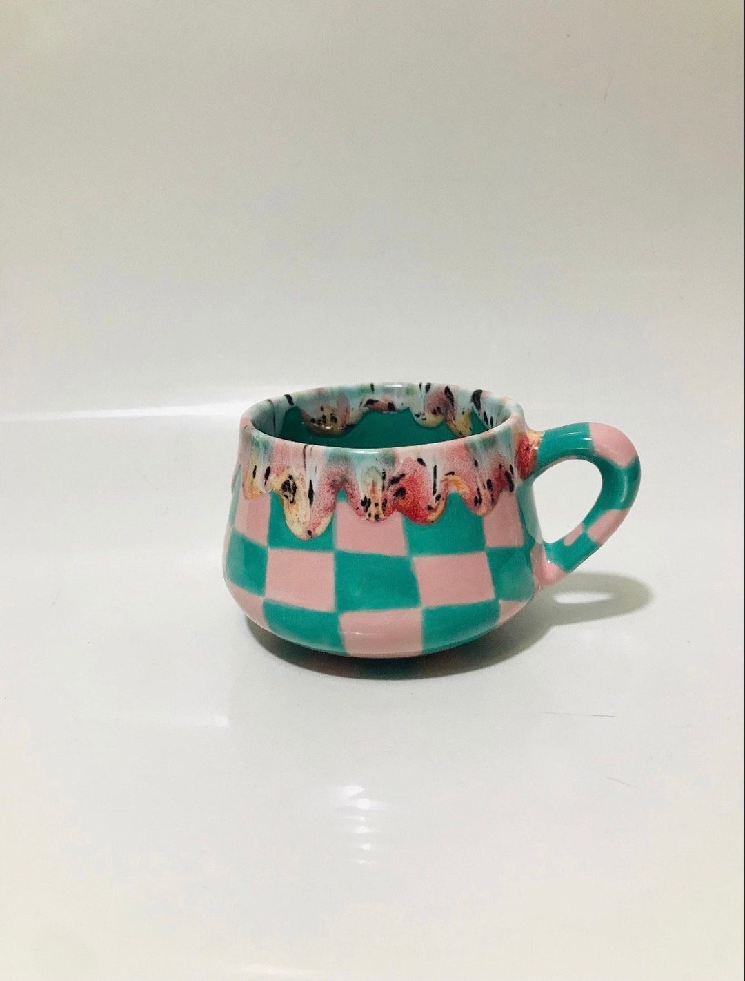 Hand-painted Checkered Ceramic Mug: Green Kitchen Decor, Brushstroke ...