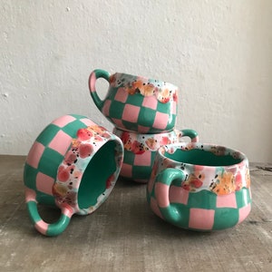 Hand-painted Checkered Ceramic Mug: Green Kitchen Decor, Brushstroke ...