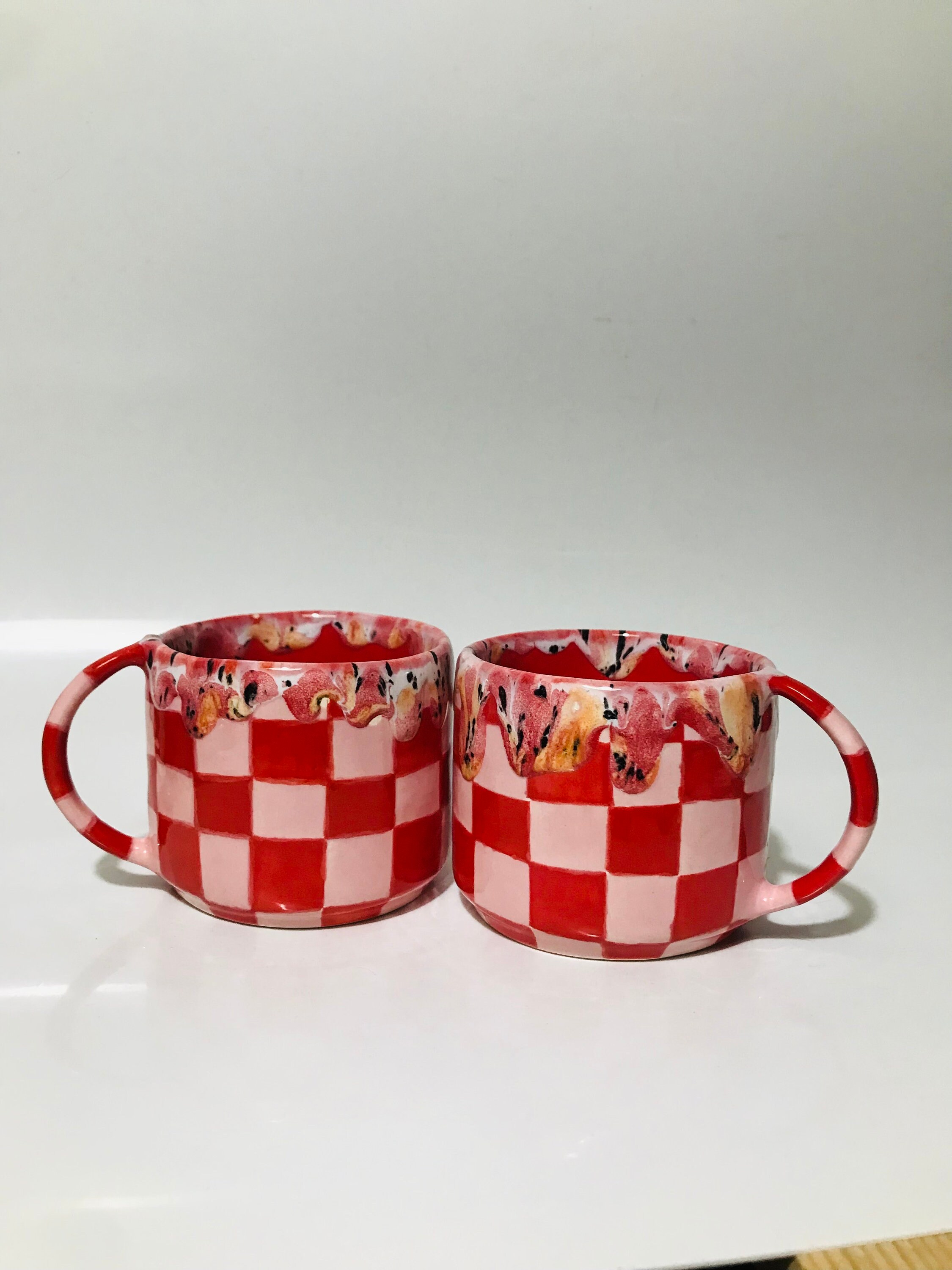 Hand-painted Checkered Ceramic Mug: Red Kitchen Decor Gift - Etsy