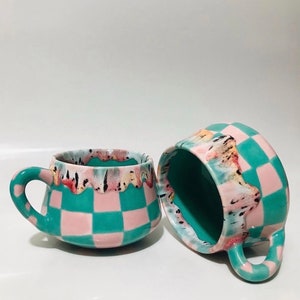 Hand-painted Checkered Ceramic Mug: Green Kitchen Decor, Brushstroke ...