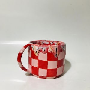 Hand Painted Mug, Handmade Ceramic Mug,red Mug, Checkered Mug, Kitchen ...