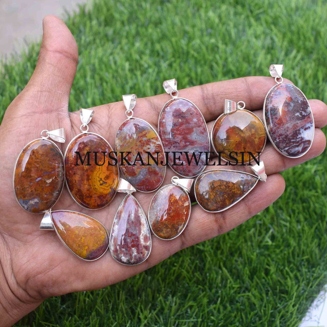 Natural Seam Agate Gemstone Pendant, Silver Plated Pendants, Bezel ...