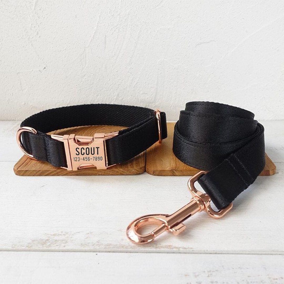 Shiny Black Personalized Dog Collar and Leash - Dark Silky Black ...