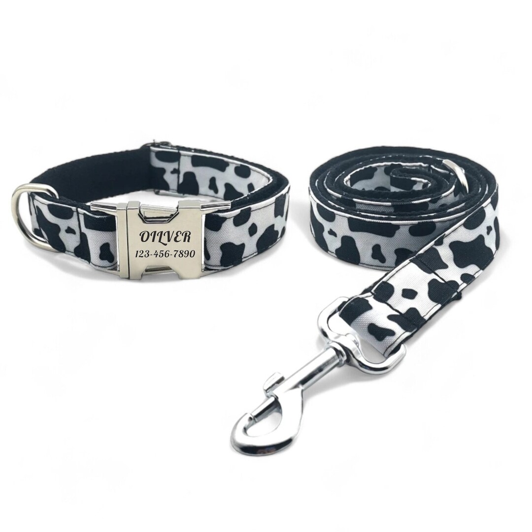 Cow Print Personalized Dog Collar and Leash - Moo Cows Engraved Dog ...