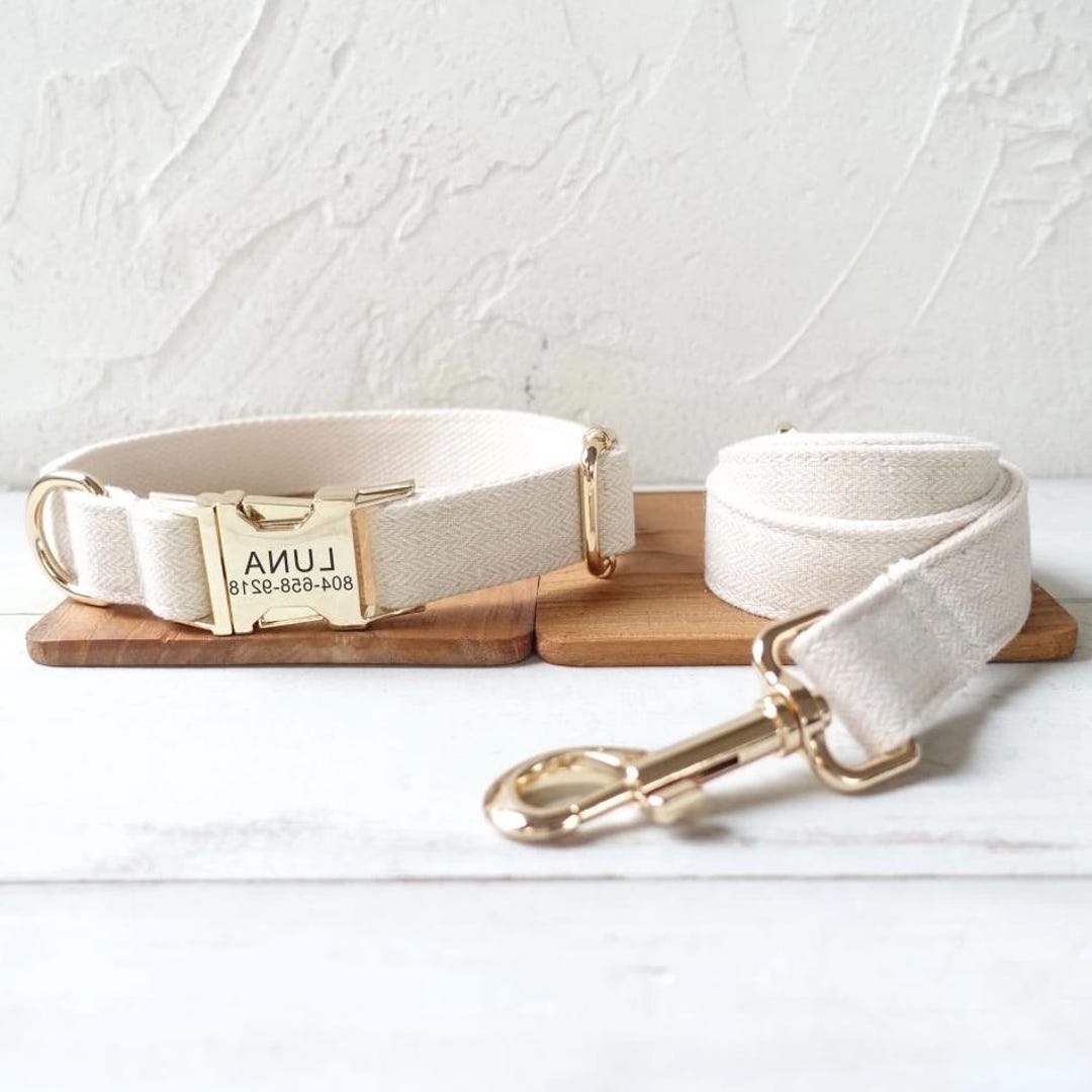 Cream Beige White Wedding Personalized Dog Collar and Leash - Engraved ...