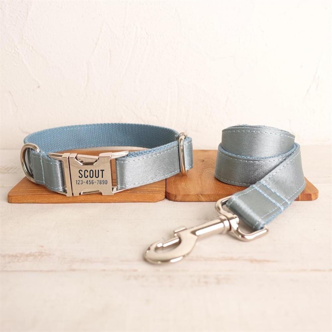 Shiny Sapphire Blue Personalized Dog Collar and Leash - Light Blue ...