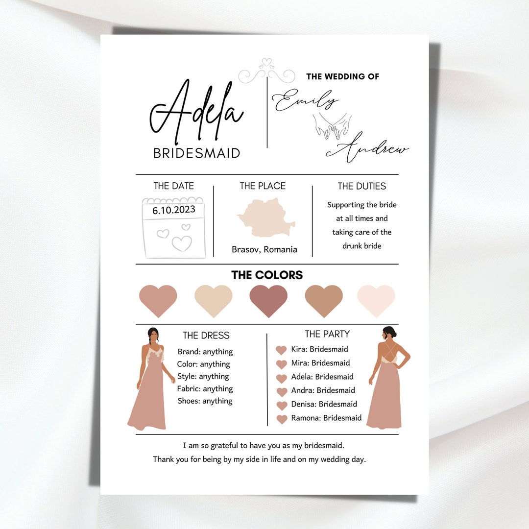 Bridesmaid Information Card, Wedding Details Card, Bridesmaid Gift Idea ...