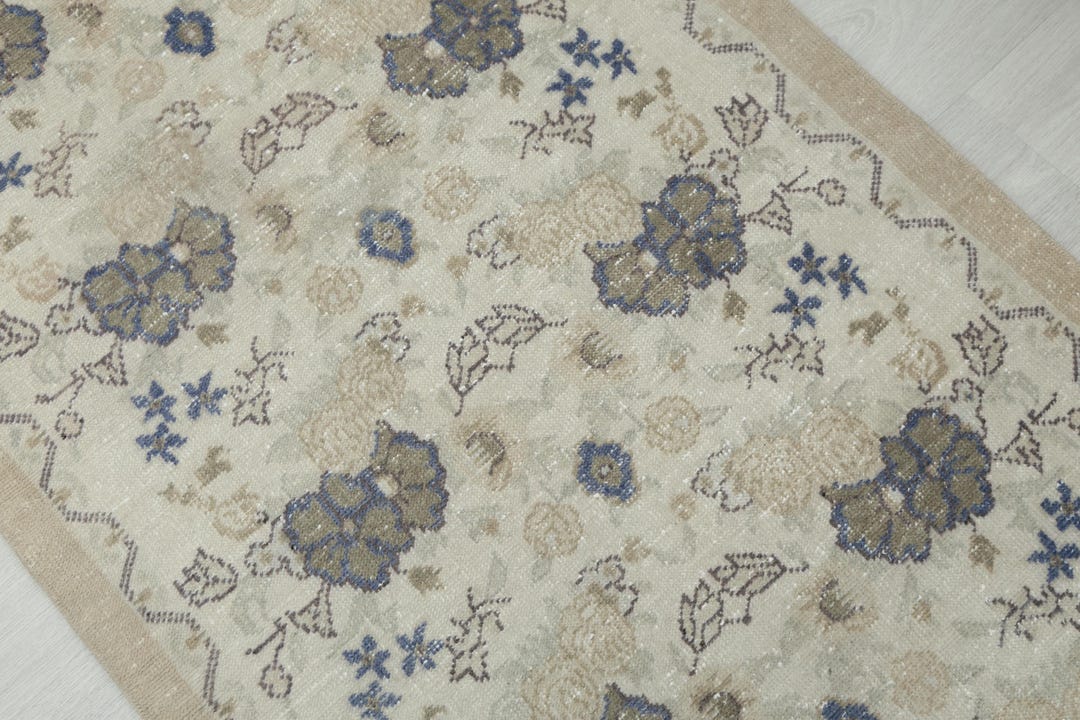Hand Knotted Carpet: 3x6 Floral Pattern Beige Moss Green Brown Neutral ...