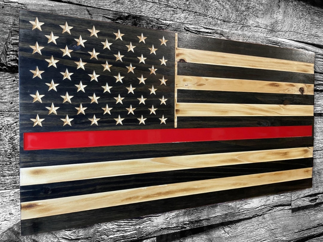 Firefighter Thin Red Line USA Wooden American Flag - Rustic Wall Art ...
