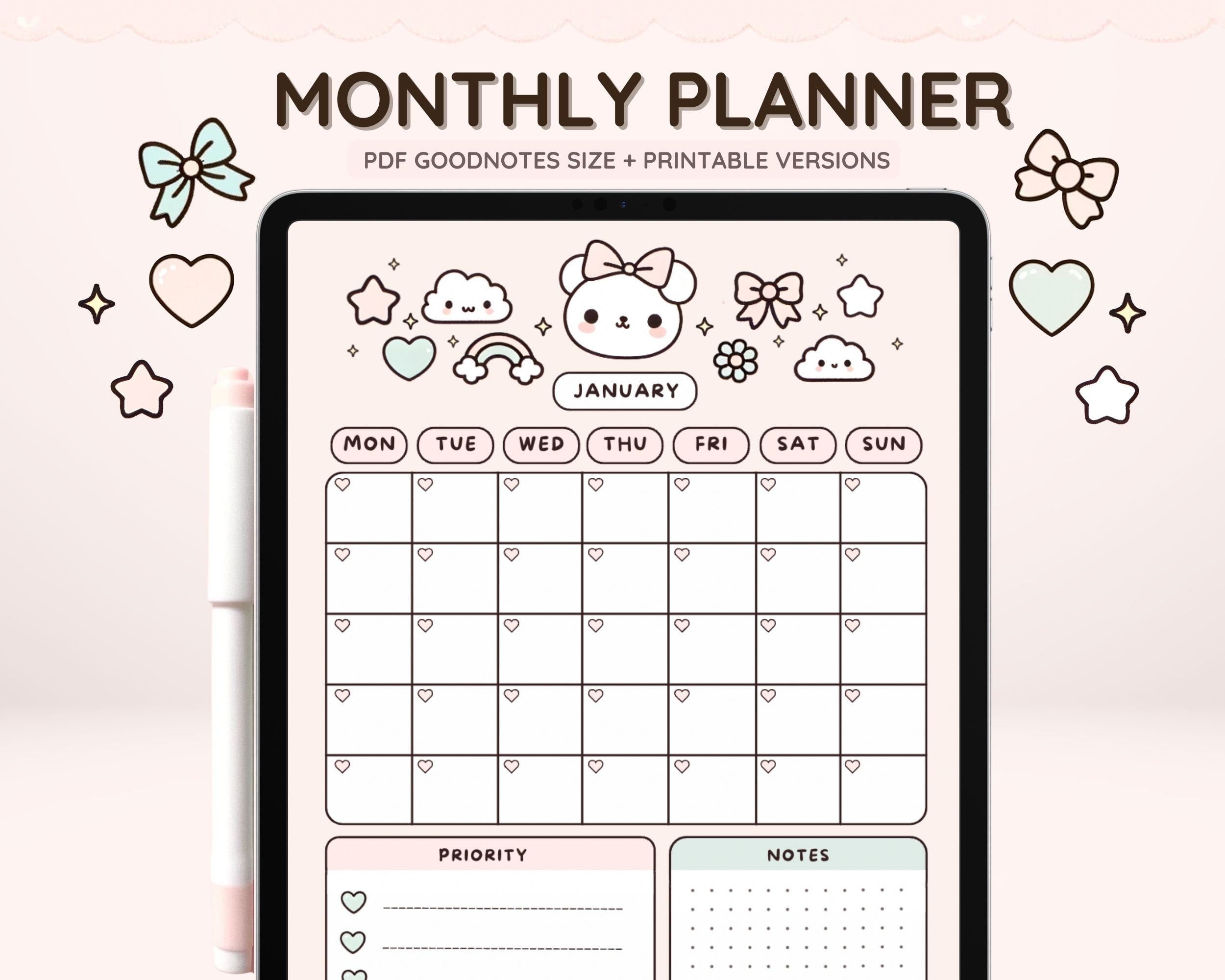 Digital Monthly Planner Undated Printable Monthly Planner Cute Kawaii ...