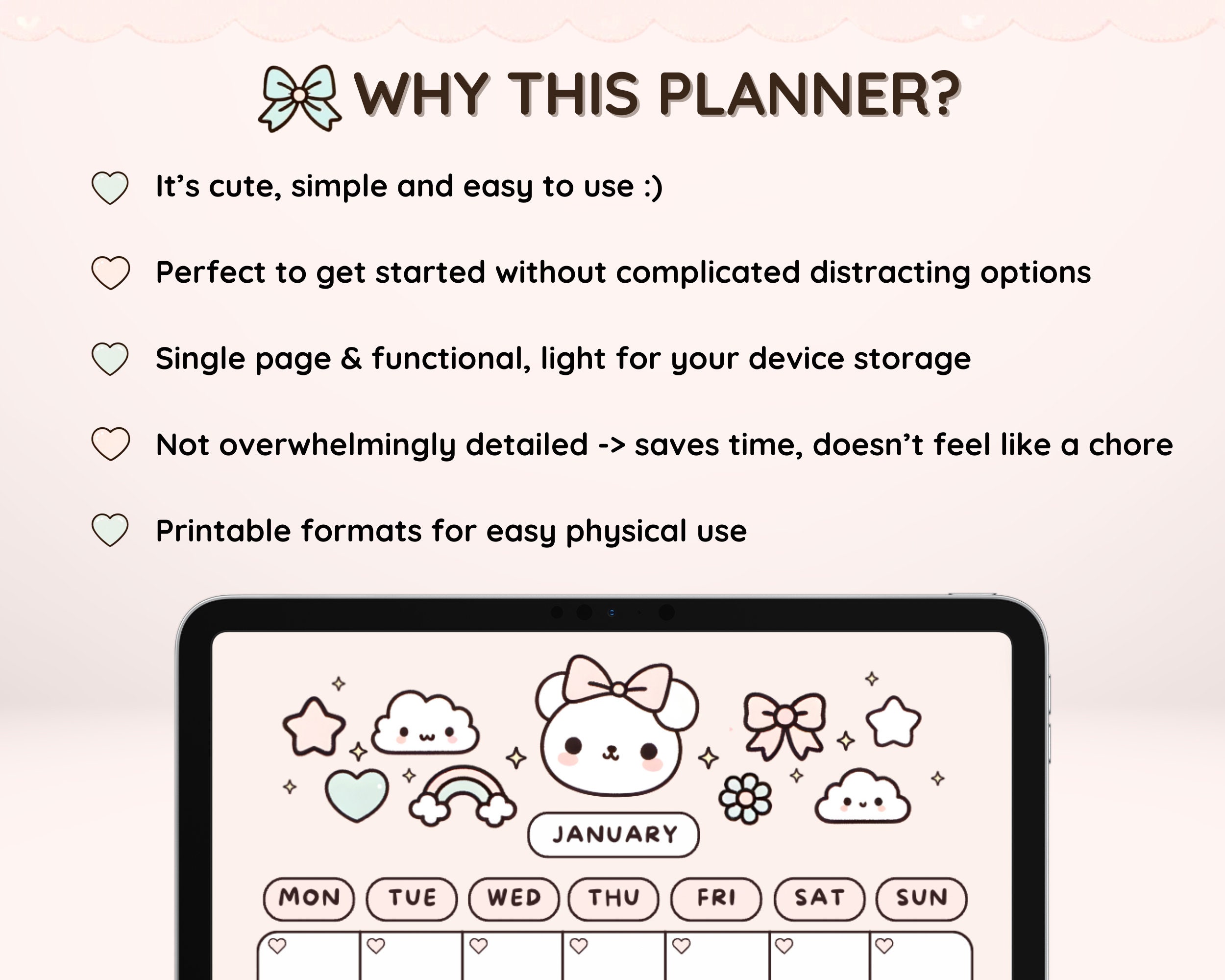 Digital Monthly Planner Undated Printable Monthly Planner Cute Kawaii ...