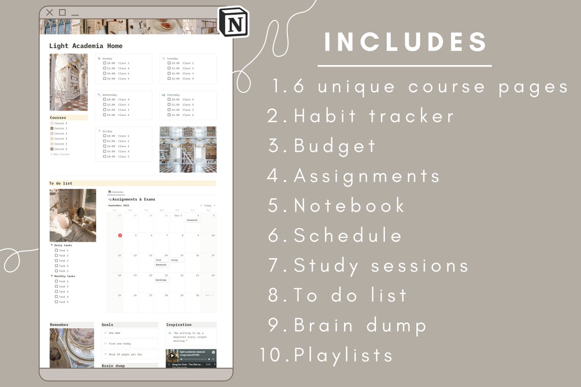 Light Academia Student Notion Template Planner, Aesthetic Notion Life ...