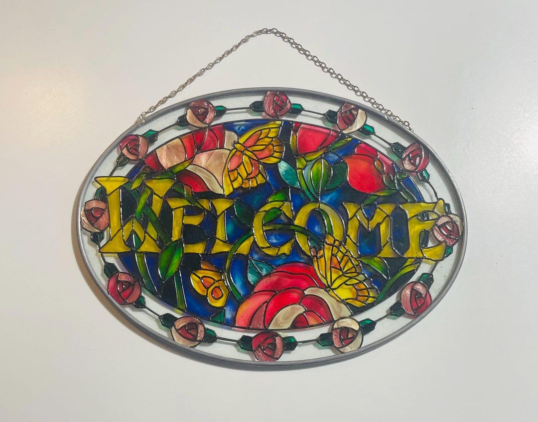 Vintage Stained Glass welcome Window Art - Etsy