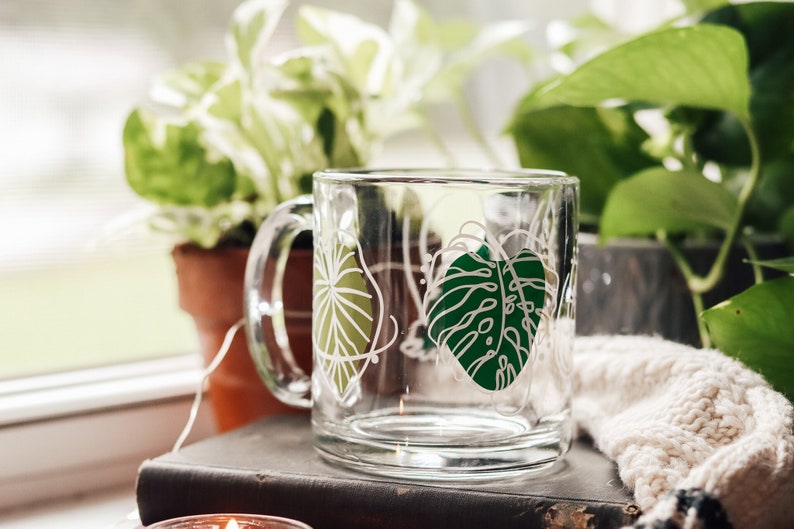 Botanical Glass Coffee Mug Plant Lady Mug Monstera Leaf Mug | Etsy
