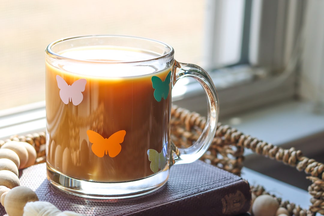 Butterfly Glass Coffee Mug, Butterfly Print Mug, Pastel Butterfly Mug ...