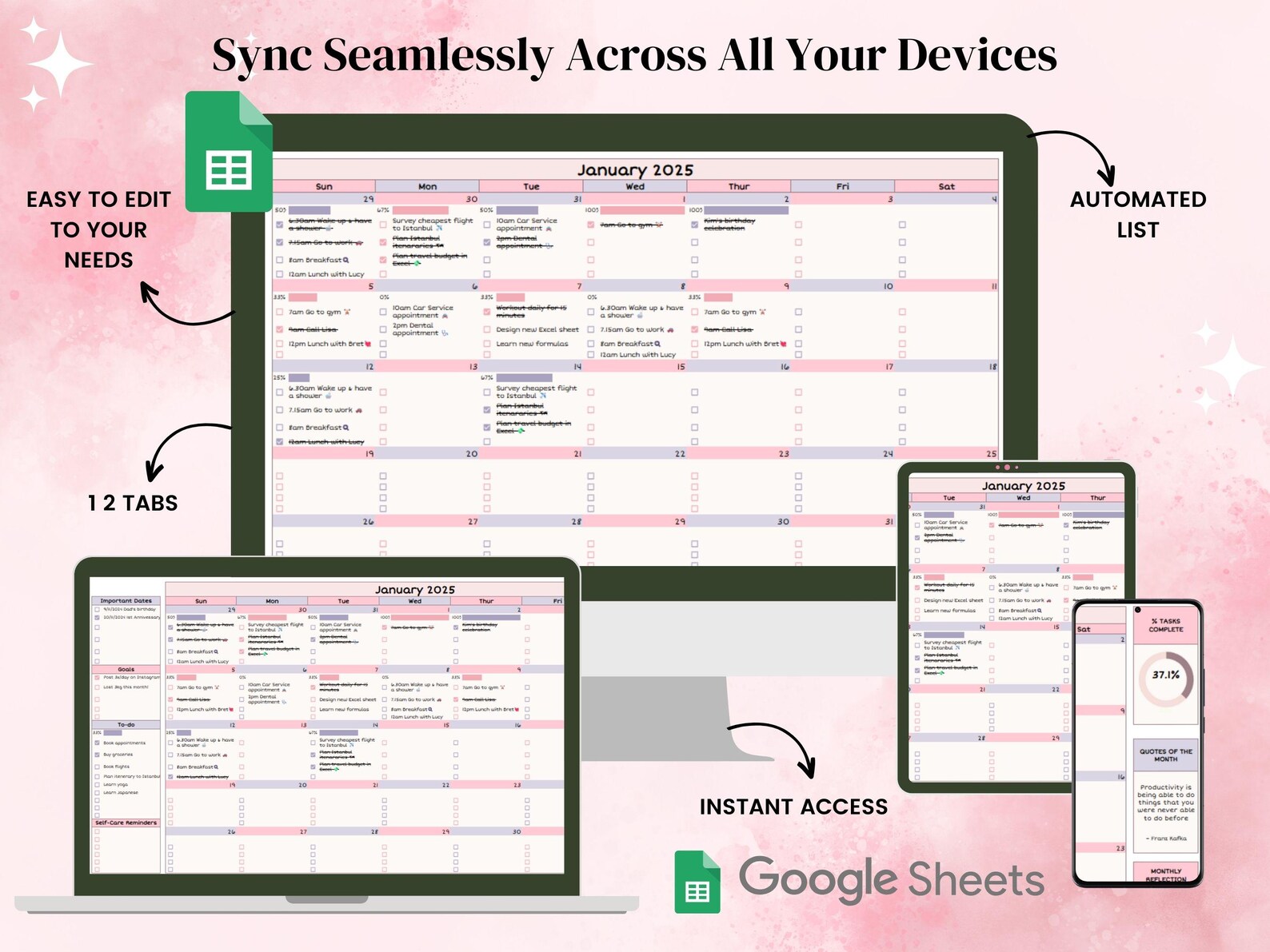 2025 Calendar Spreadsheet Google Sheets, 2025 Yearly Planner, Monthly ...