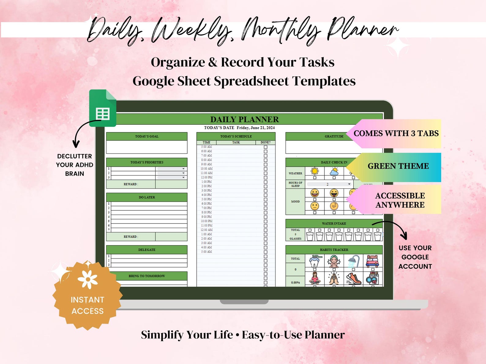 Daily Weekly Monthly Planner, Daily Spreadsheet Google Sheet Template ...