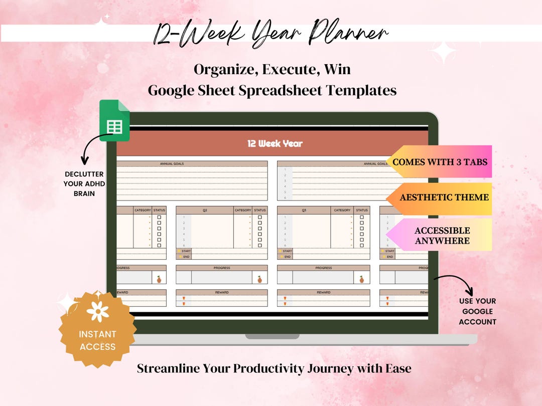 12 Week Year Planner Google Sheets, Quarterly Planner, Goal Tracker ...