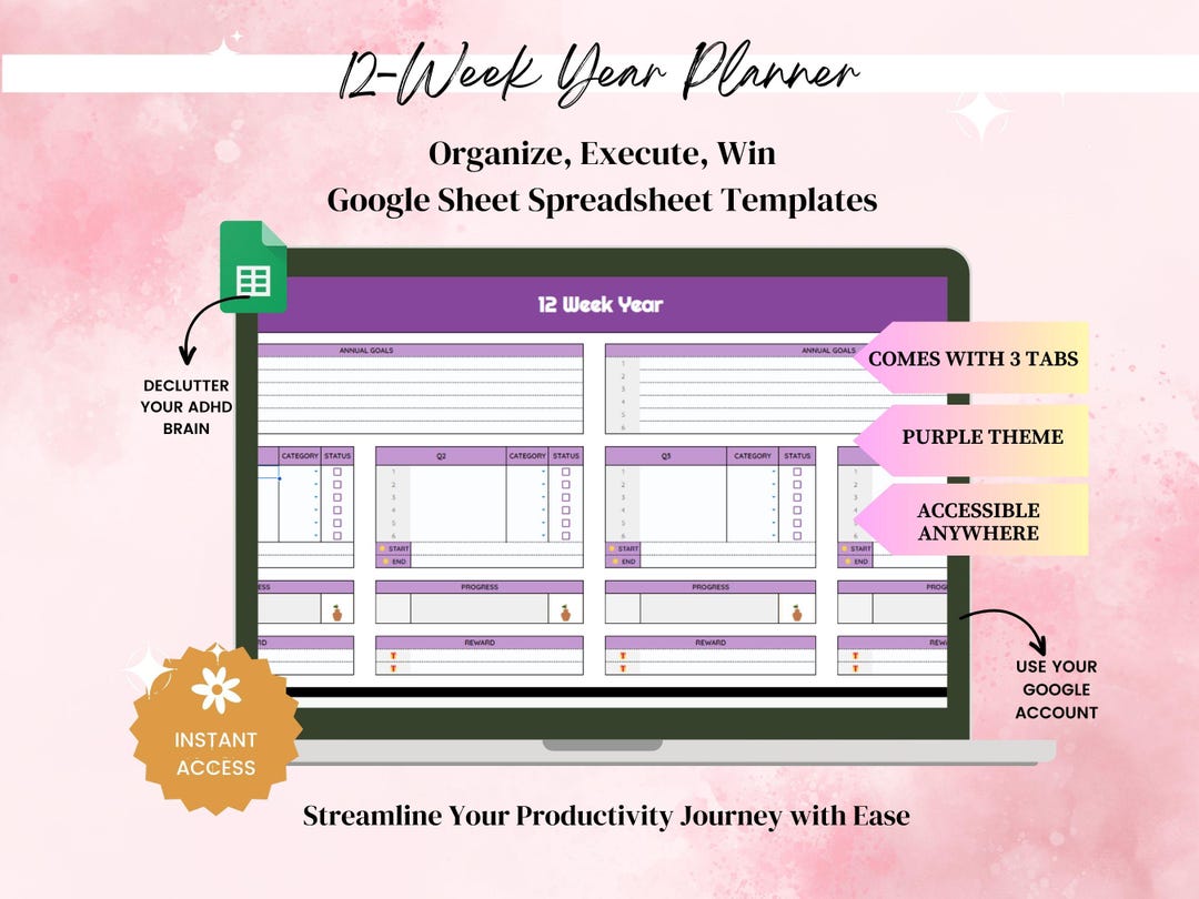 12 Week Year Planner Google Sheets, Quarterly Planner, Goal Tracker ...