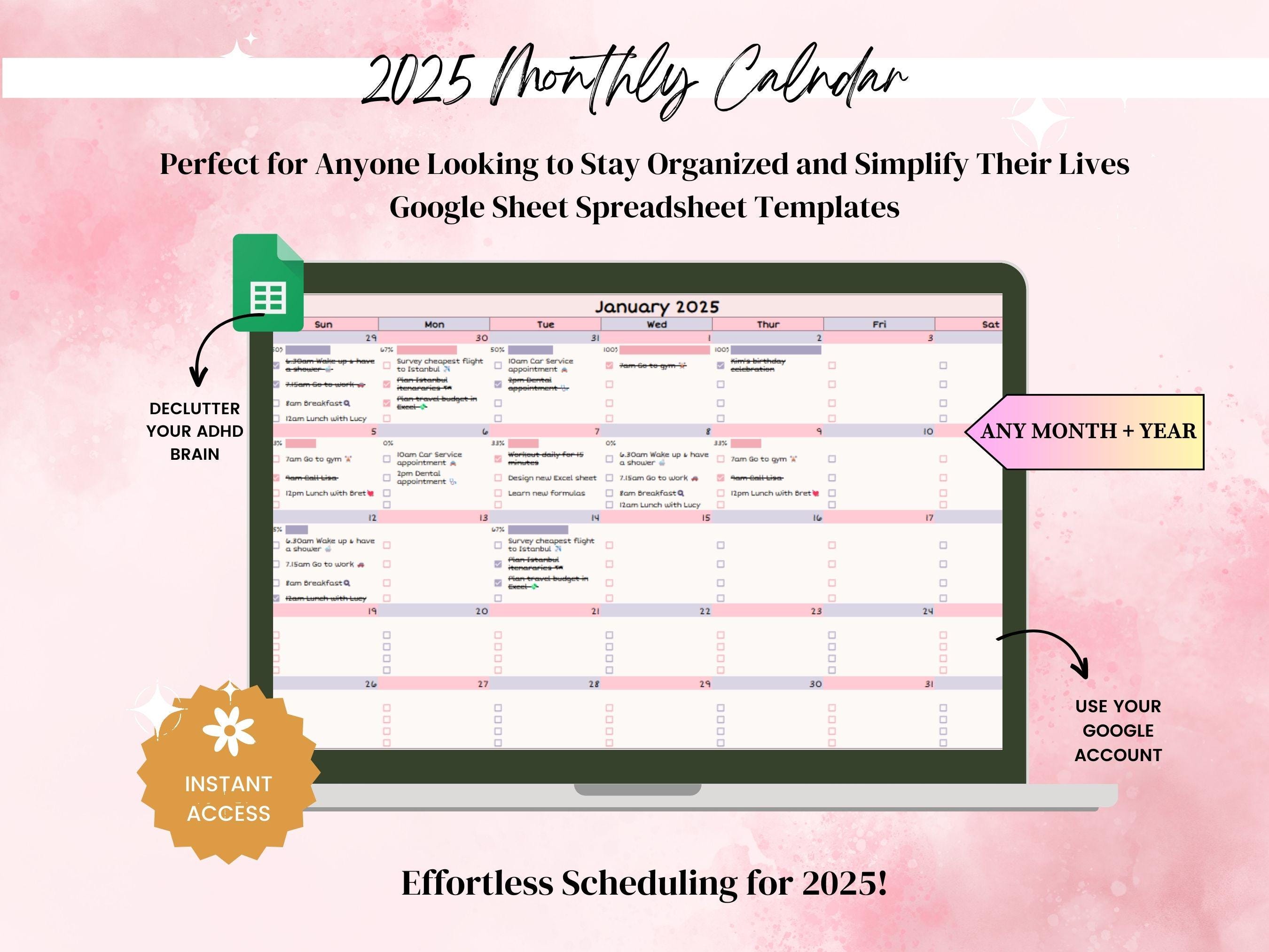 2025 Calendar Spreadsheet Google Sheets, 2025 Yearly Planner, Monthly ...