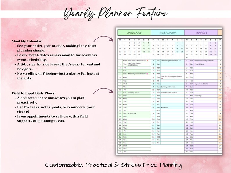 2025 Simple Yearly Planner Spreadsheet, Monthly Calendar for Events ...