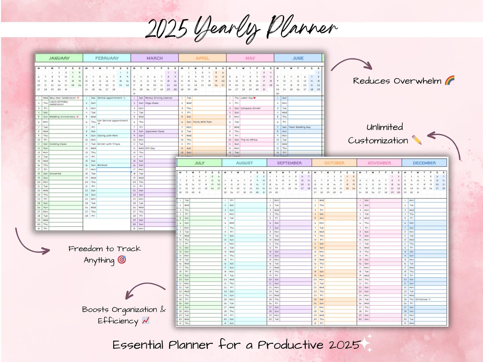 2025 Simple Yearly Planner Spreadsheet, Monthly Calendar for Events ...