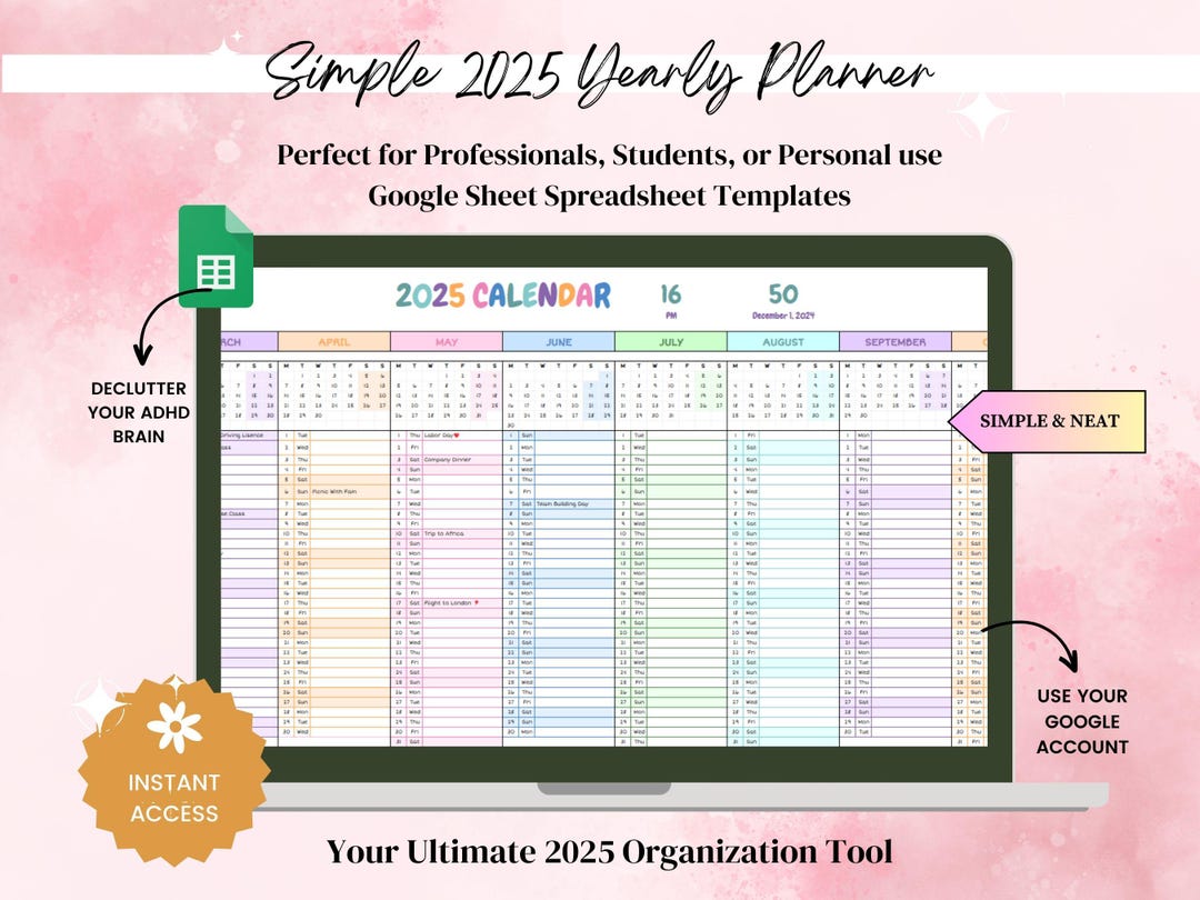 2025 Simple Yearly Planner Spreadsheet, Monthly Calendar for Events ...