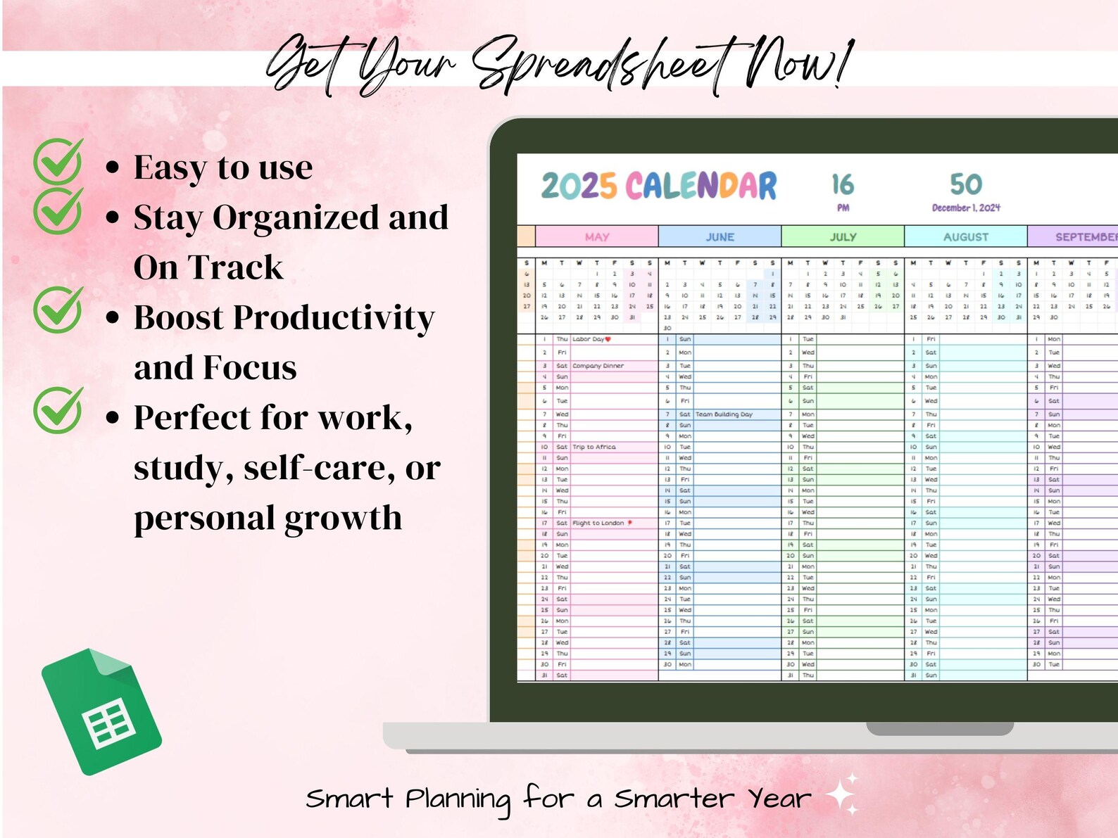 2025 Simple Yearly Planner Spreadsheet, Monthly Calendar for Events ...