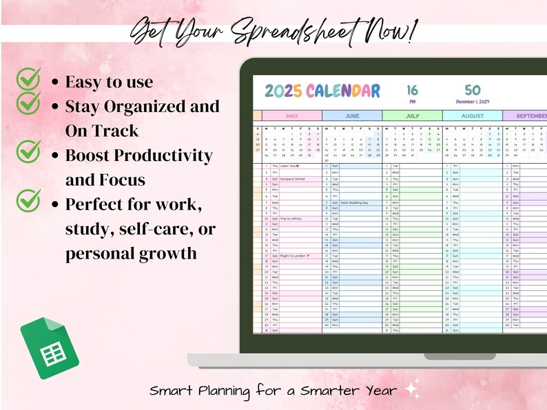 2025 Simple Yearly Planner Spreadsheet, Monthly Calendar for Events ...