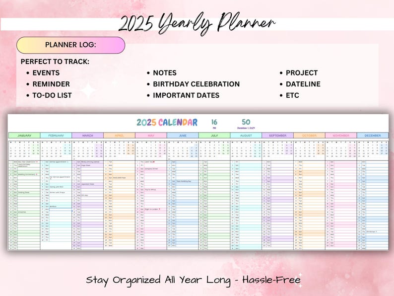 2025 Simple Yearly Planner Spreadsheet, Monthly Calendar for Events ...