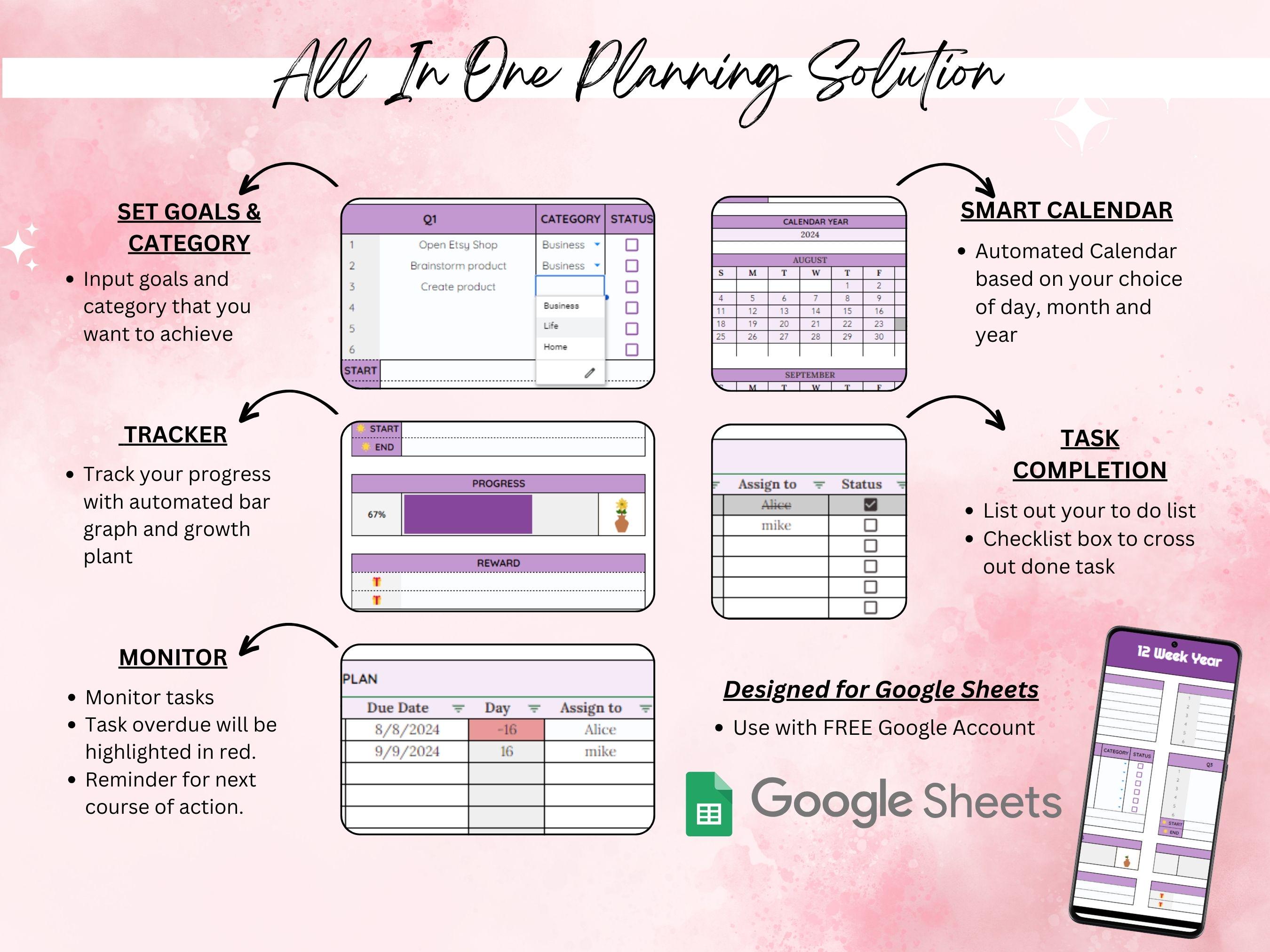 12 Week Year Planner Google Sheets, Quarterly Planner, Goal Tracker ...