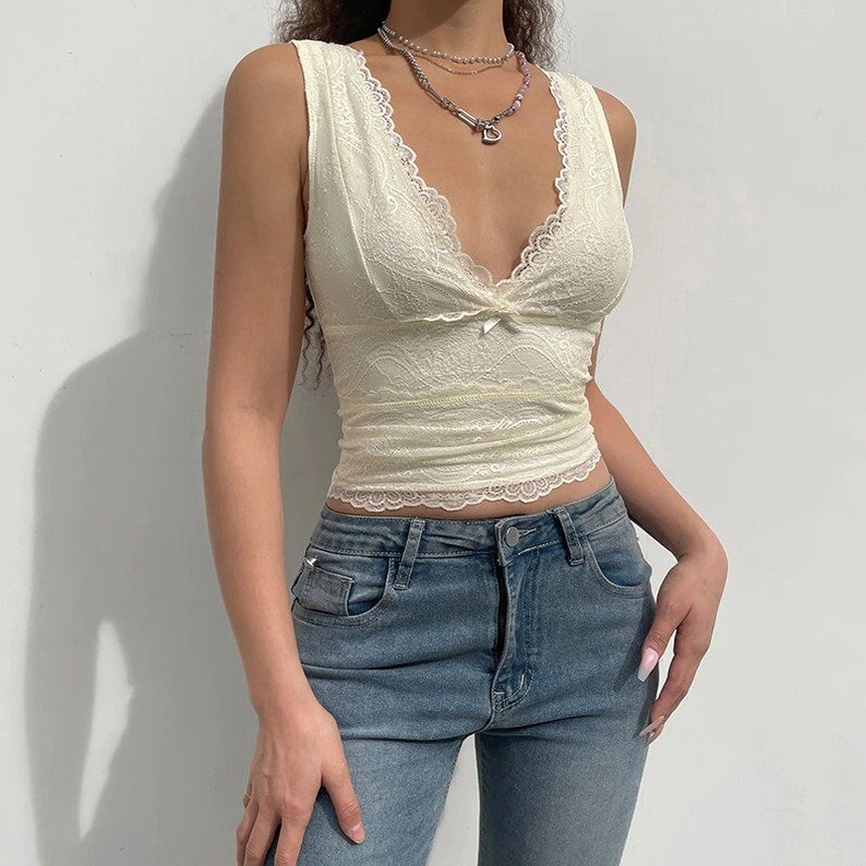 Women White Y2k Tops Vintage Wear Lace Tank Top Sleeveless - Etsy