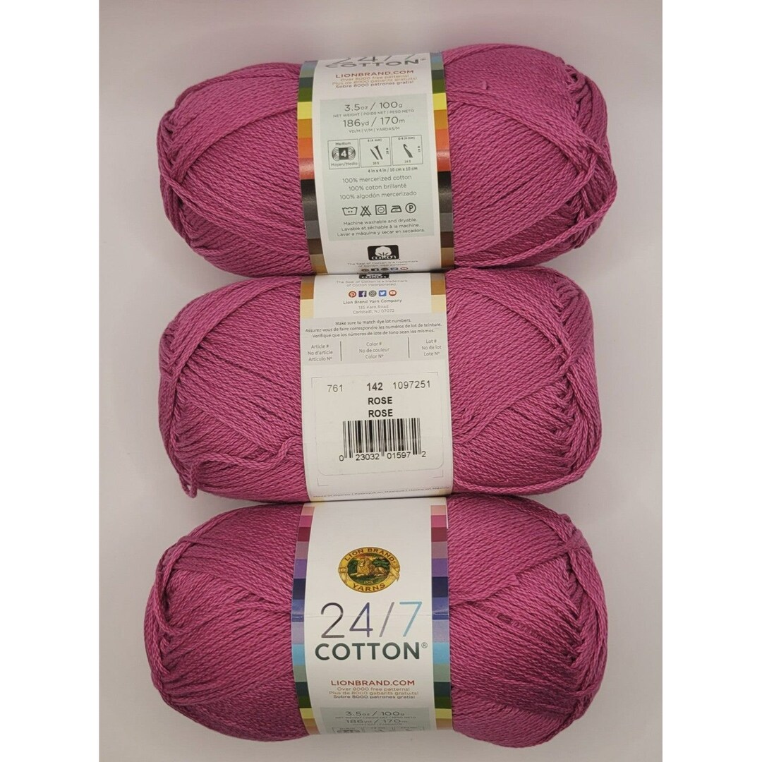 Lion Brand 24/7 100% Mercerized Cotton Yarn Lot of 3 Skeins in Rose ...