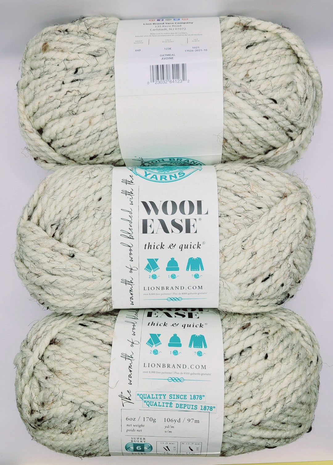 Wool Ease Thick & Quick Yarn Lot of 3 Skeins in Oatmeal, Super Bulky ...