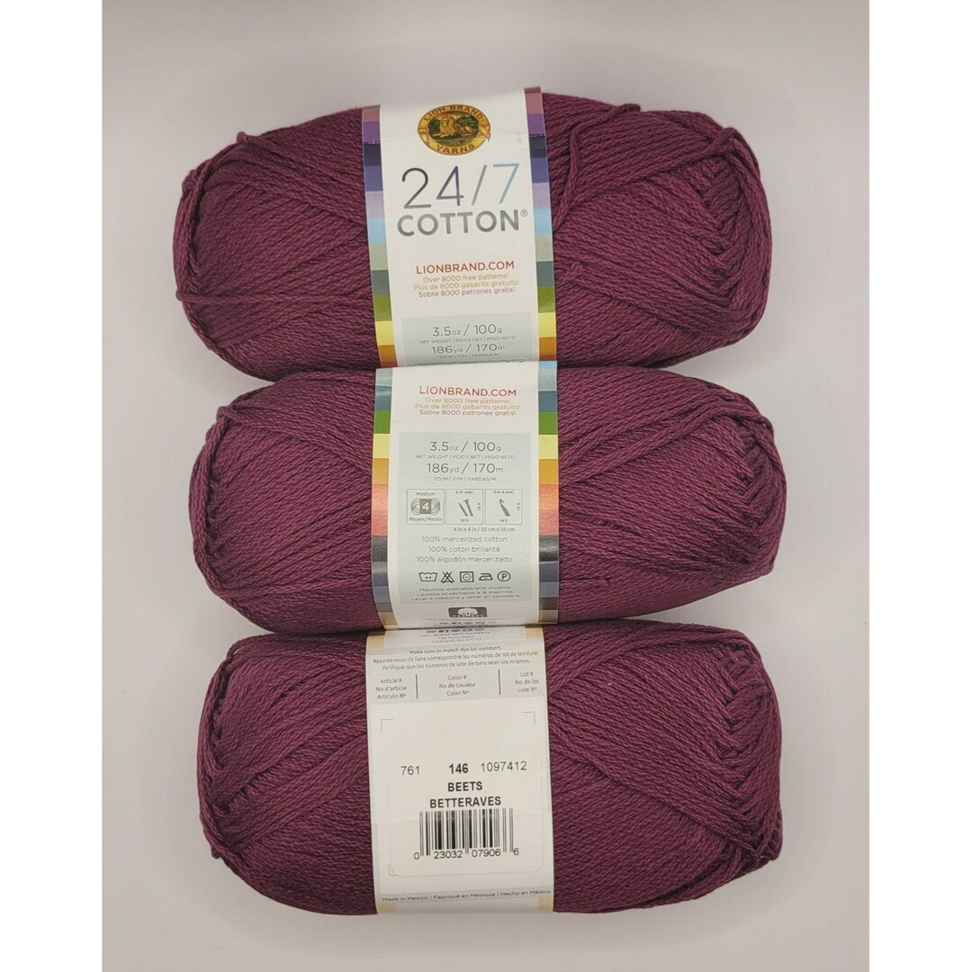 Lion Brand 24/7 100% Mercerized Cotton Yarn Lot of 3 Skeins in Beets ...