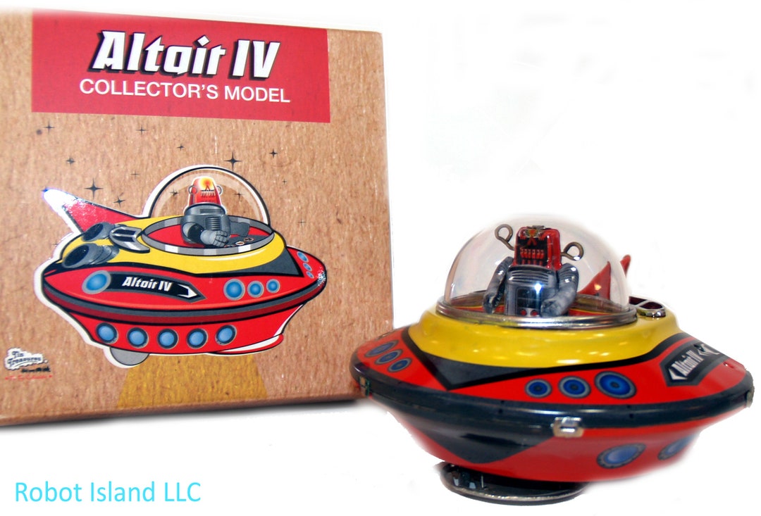 Altair IV Robby the Robot Flying Saucer Space Ship Windup Crank Tin Toy ...