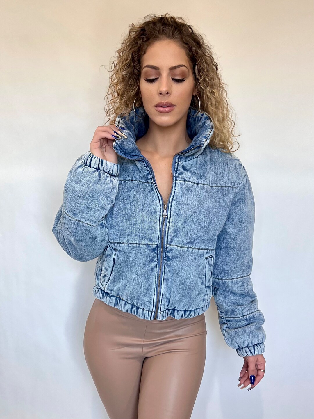 Blue Denim Crop Puffer Jacket - Etsy