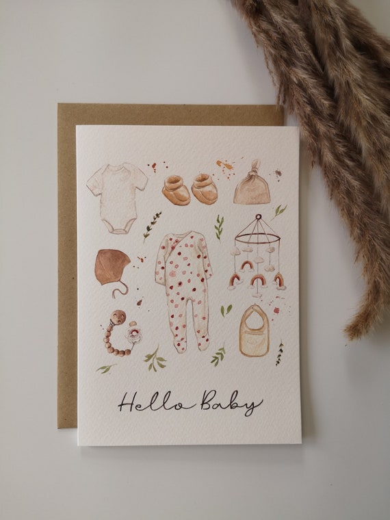 Hello Baby Greetings Card WHITE New Baby Card Illustrated | Etsy