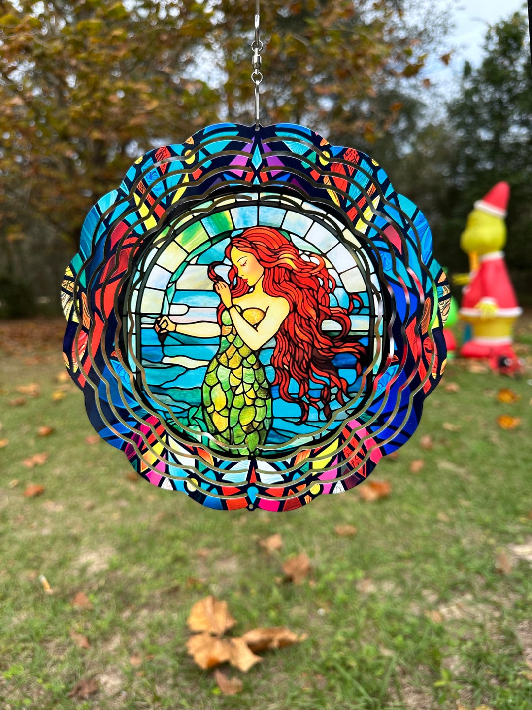 Stained Glass Mermaid With Green Scales 8” Wind Spinner, Beach Theme ...