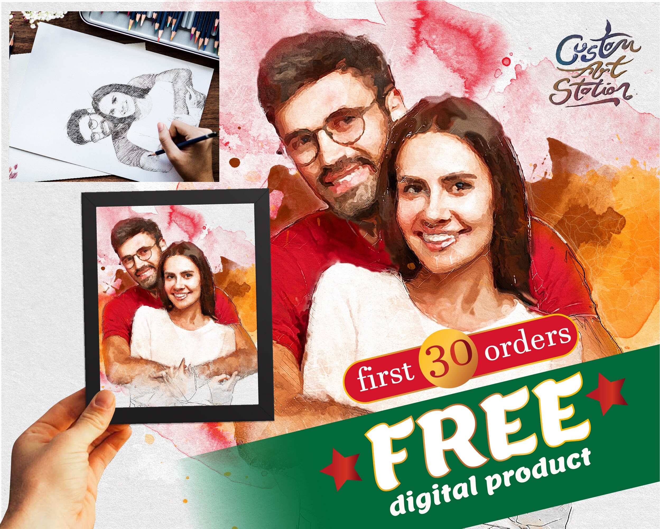 Custom Watercolor Portrait, Commission Posters for Engagement, Pet ...