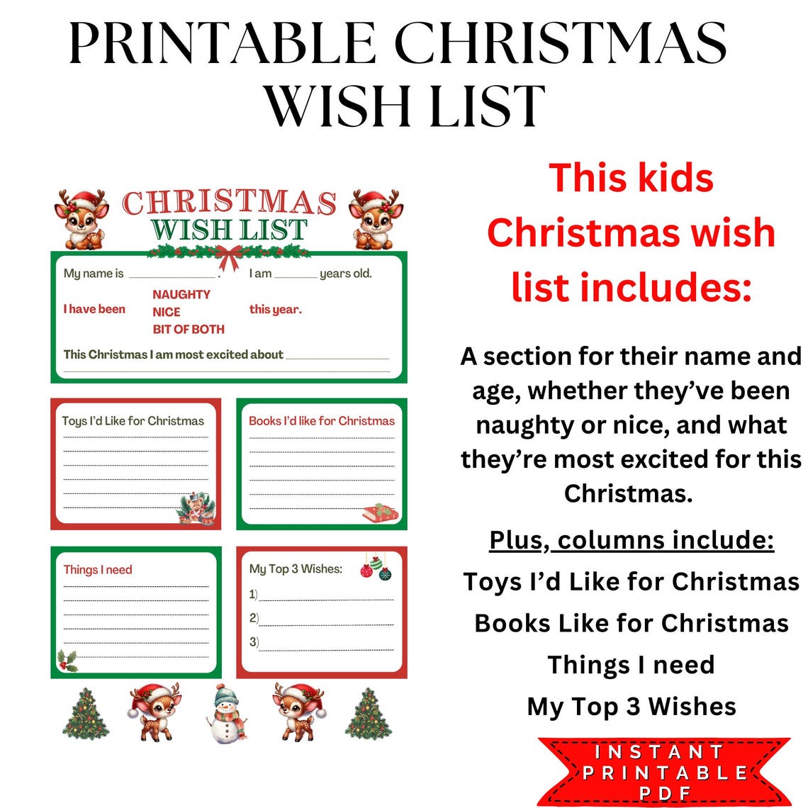 Reindeer Christmas Wish List for Kids: Printable Santa List (PDF) - Etsy