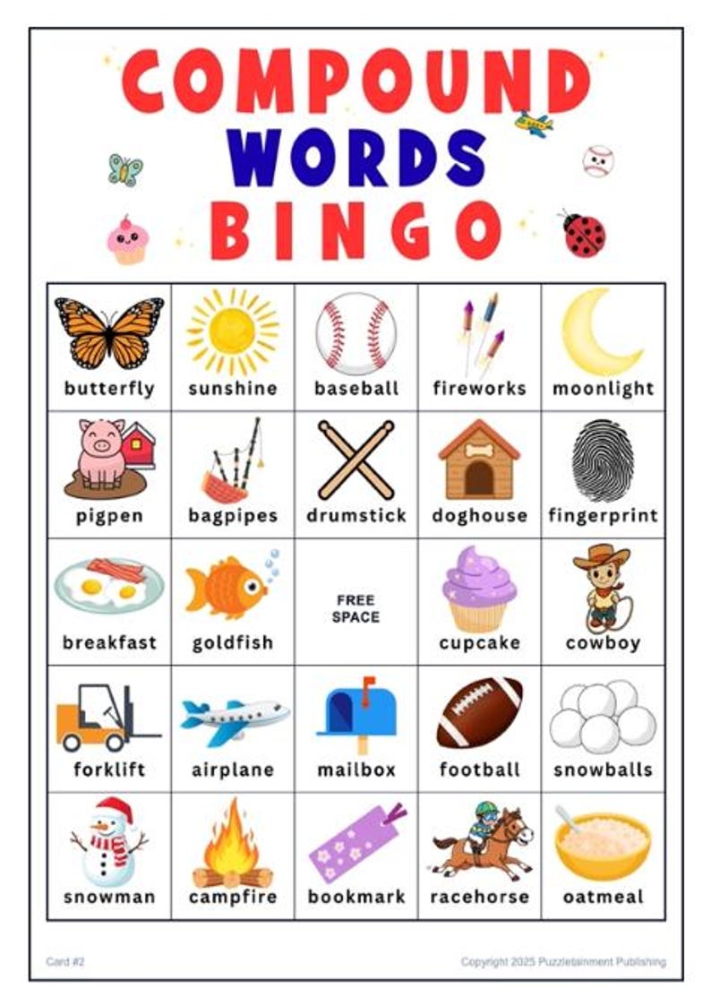 Compound Words Bingo Game | Printable Educational Game for Kids | Learn ...