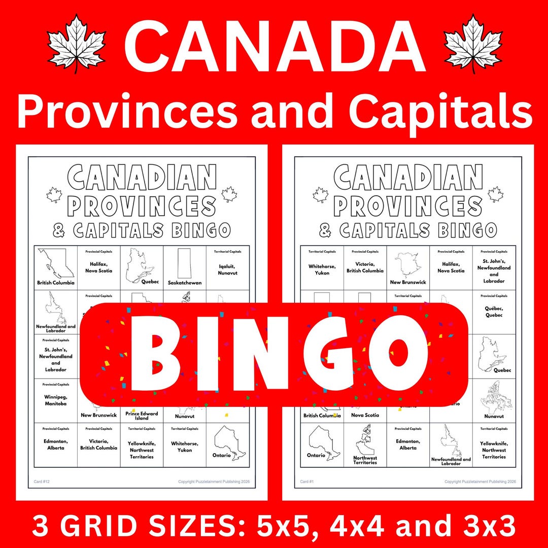 Canada Bingo Game | Canadian Provinces, Territories and Capital Cities ...
