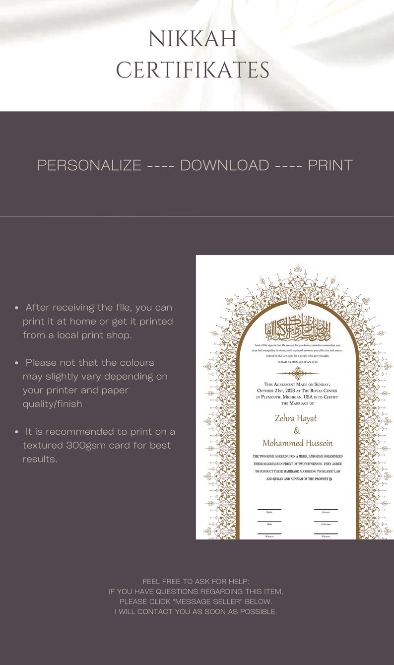 DIGITAL Nikkah Certificate Printable Marriage Contract A4 Illustrated ...