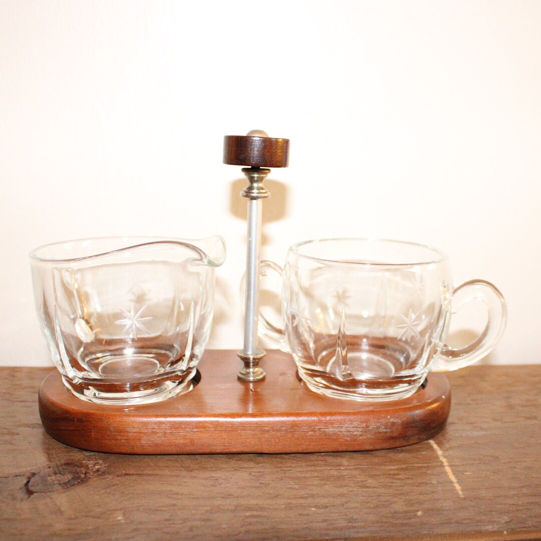 Vintage Mid Century Wood Caddy W/ Glass Creamer Sugar Set Etched Star ...