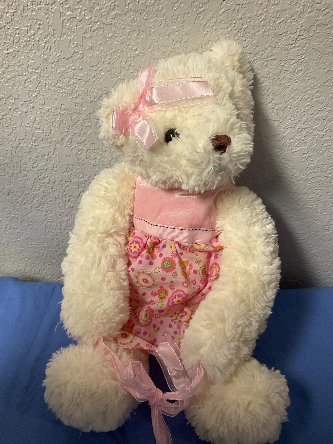 People Pals Cream or Ivory Plush Teddy Bear Girl Wearing Pink Dress Bow ...